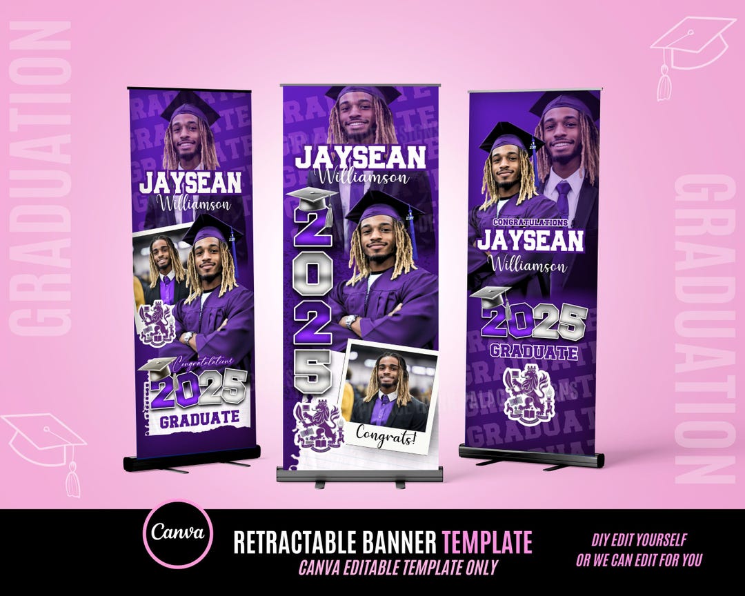 Graduation Retractable Banner 3 Styles, Purple White Gold, YEAR UPDATED ...