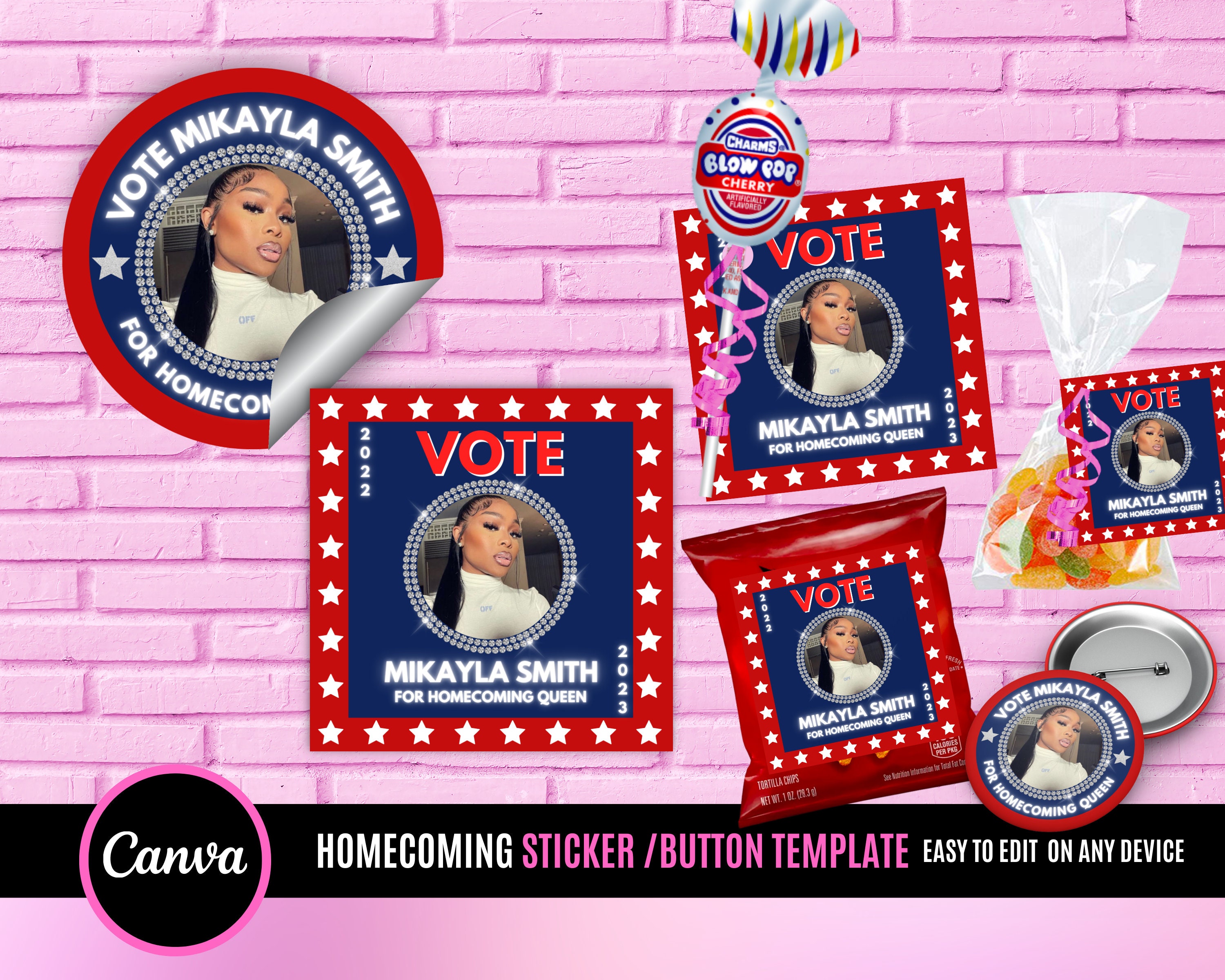 Vote Homecoming Queen Sticker, Class Campaign Button (canva Template ...