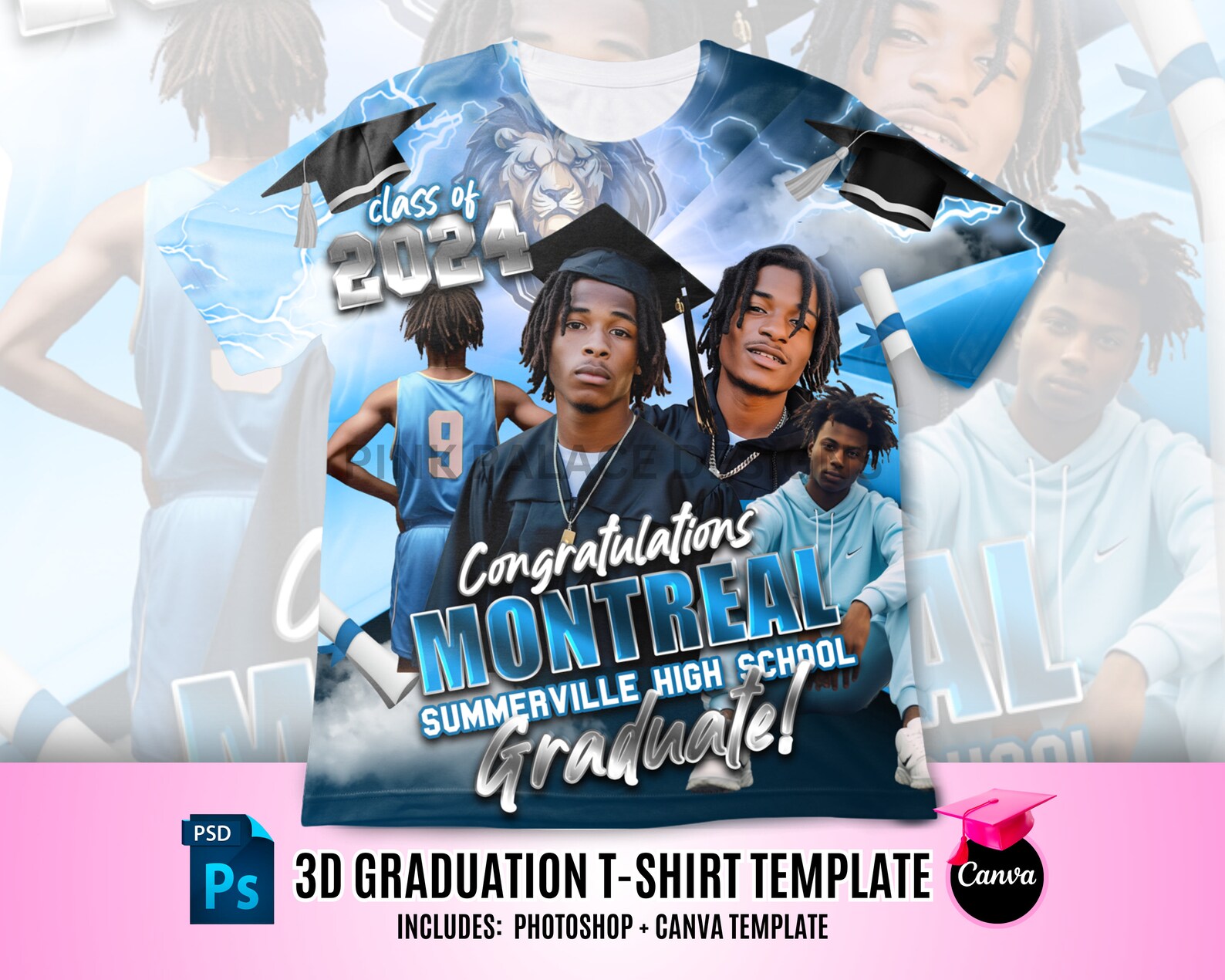 3D Tee Template, Blue Lightning, All Over Tee Template Graduation T ...