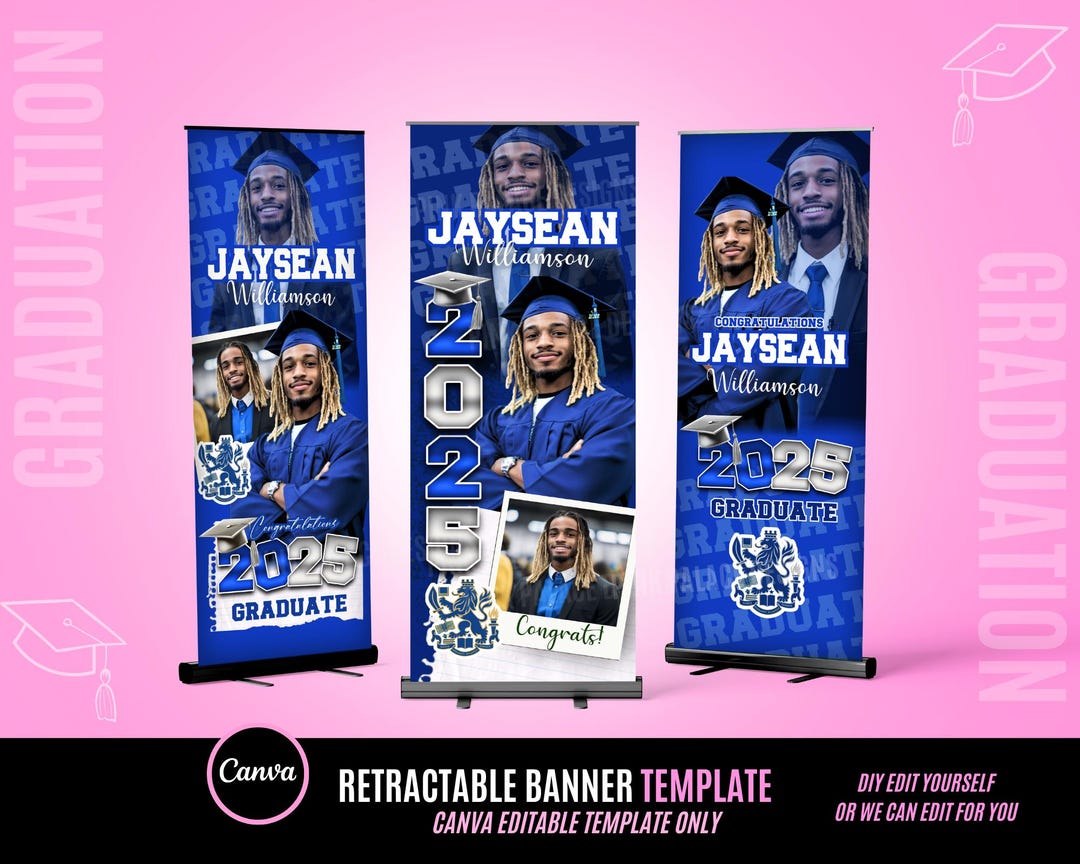 Graduation Retractable Banner 3 Styles, Blue White Gold, Editable in ...