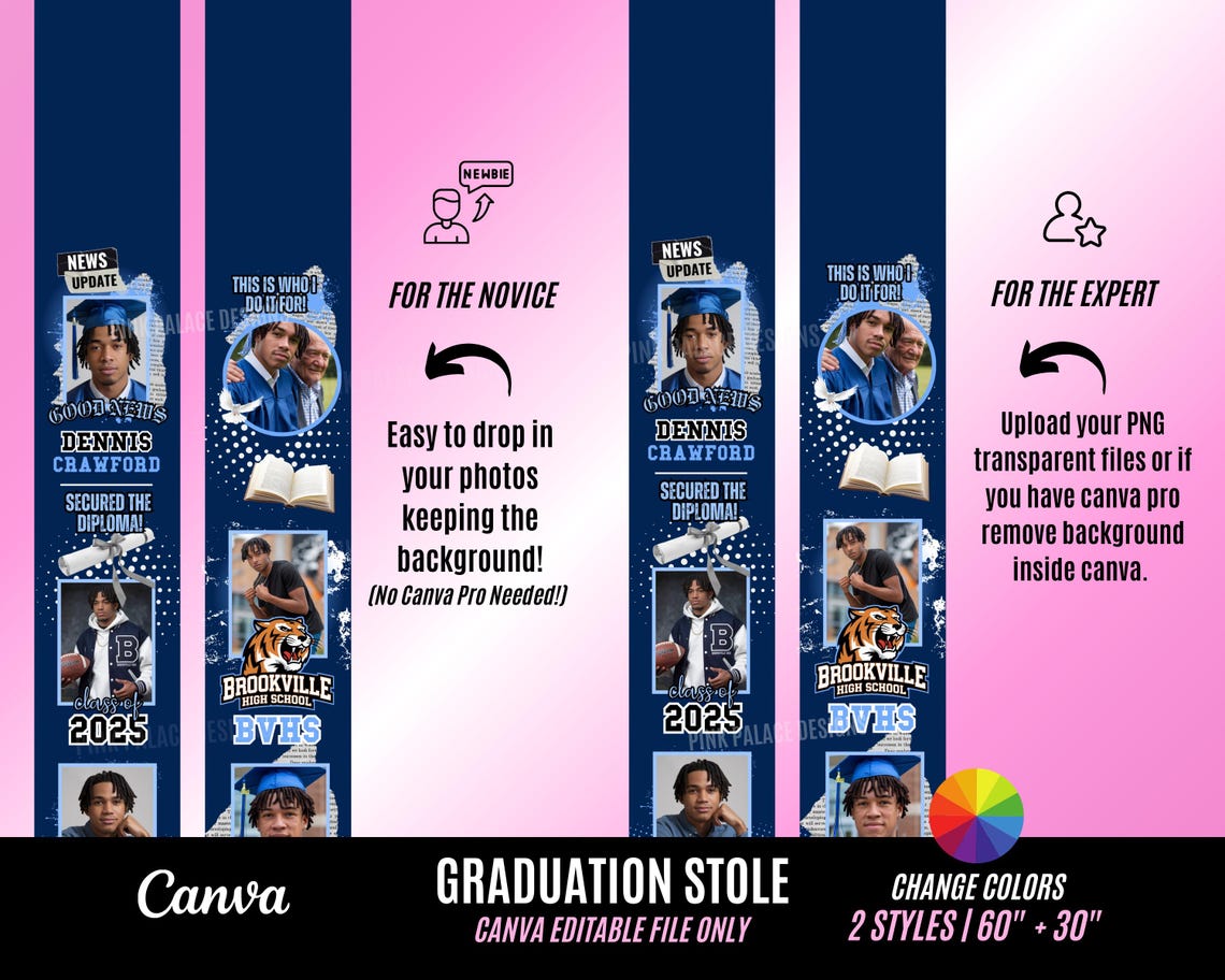 Graduation Stole Sash, Blue or Any Color, Editable in Canva, Class of ...