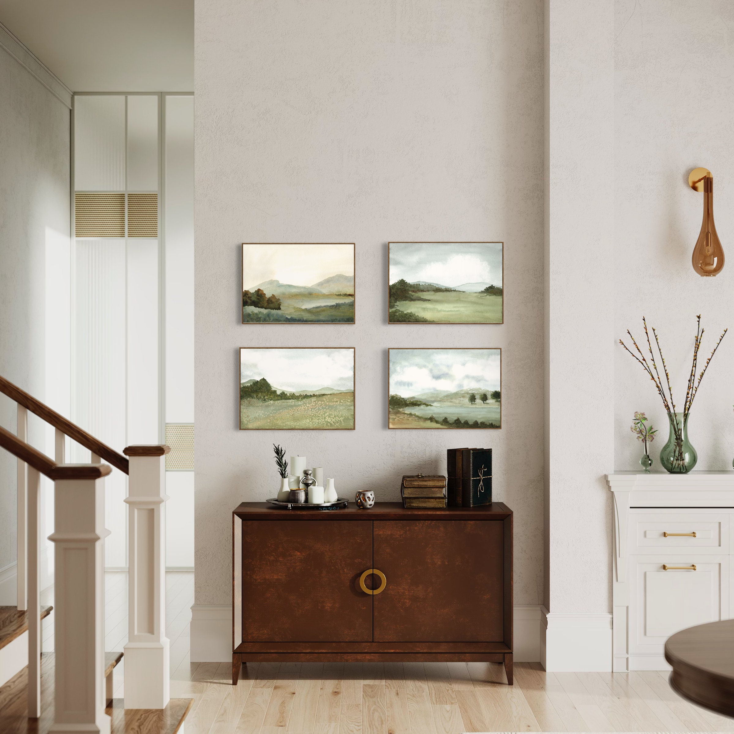 Landscape Painting Set of 4 Watercolor Art Prints, Neutral Mountain ...