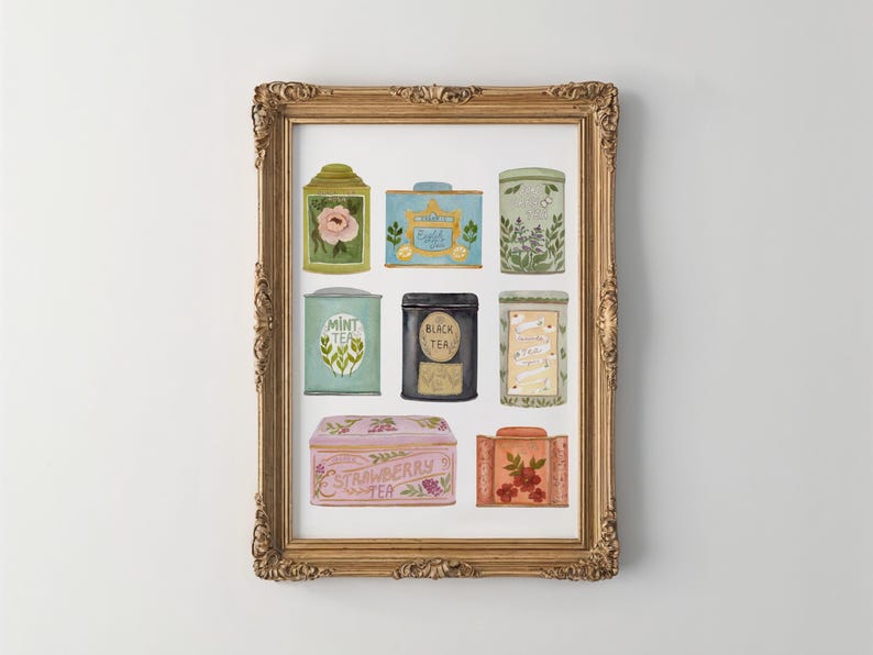 Vintage Tea Tins Watercolor Illustration Print, Tea Lover Print ...