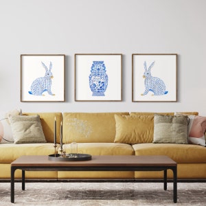 Blue and White Ginger Jar Vase Set of 3 Watercolor Rabbit Asian Art ...