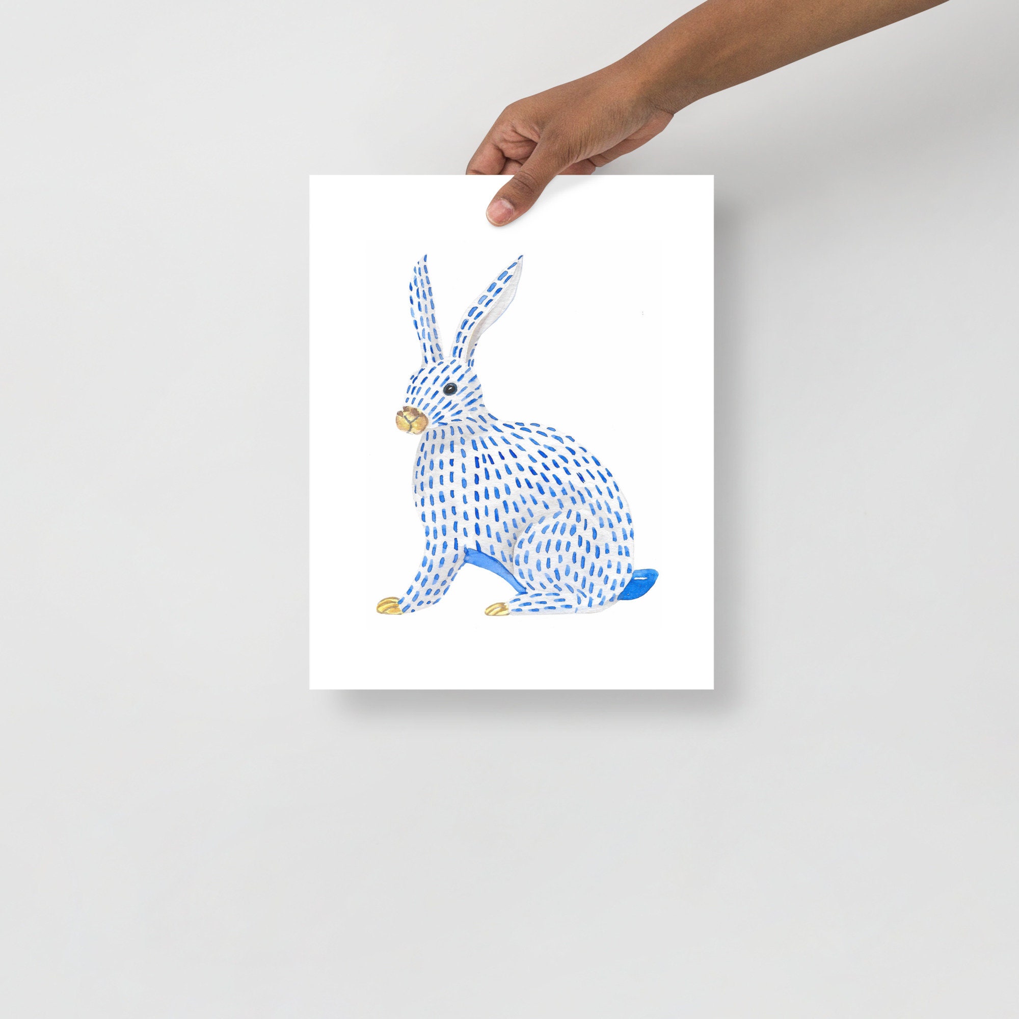 Blue White Rabbit Watercolor Painting Art Print Christmas - Etsy