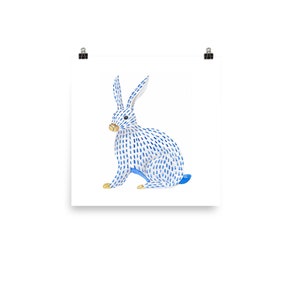 Blue and White Ginger Jar Vase Set of 3 Watercolor Rabbit Asian Art ...