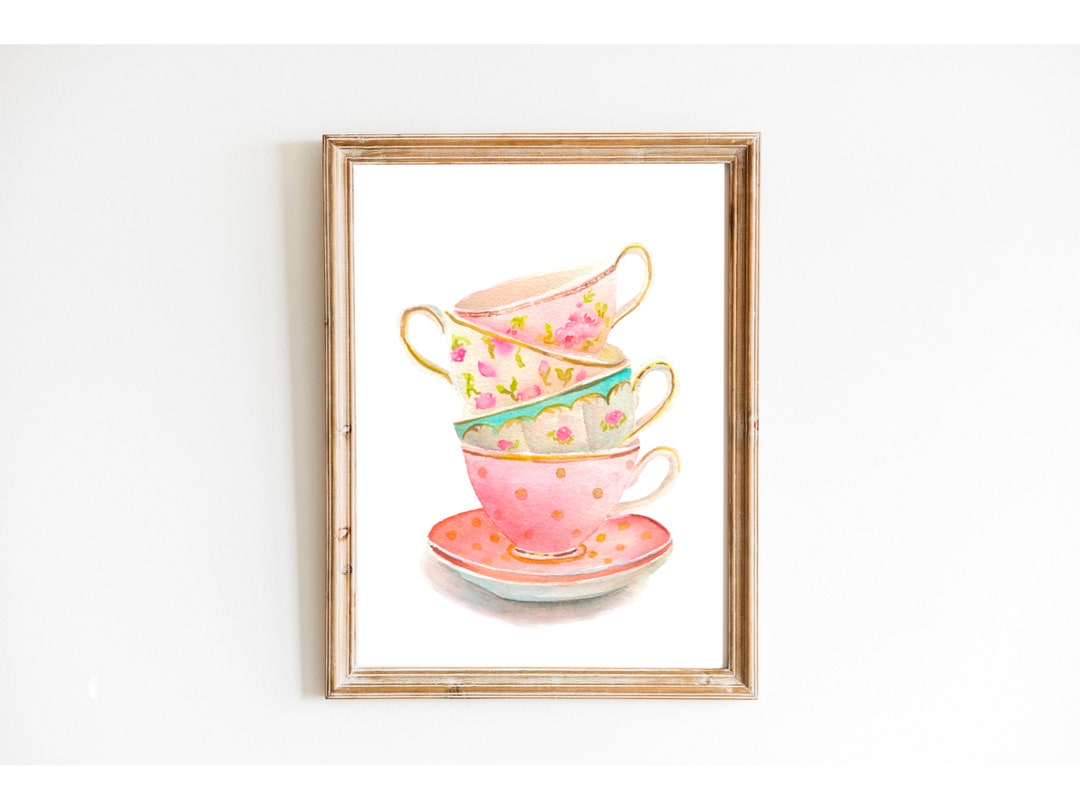 Pink Tea Cup, Watercolor Painting, Vintage Art Print, Gift for Her, Tea ...