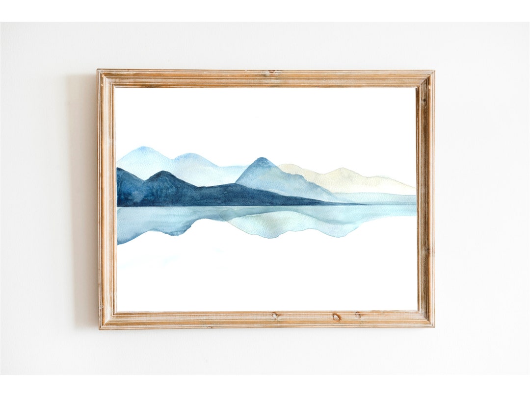 Watercolor Blue Neutral Landscape Light Blue Landscape Mountain Wall ...