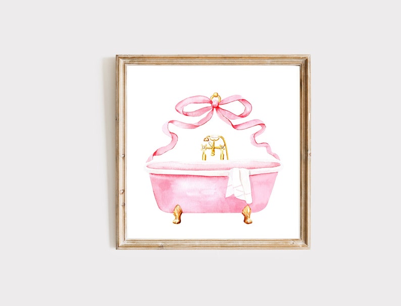 Pink Bathroom Vintage Bow Art Print, Watercolor Painting, Retro ...