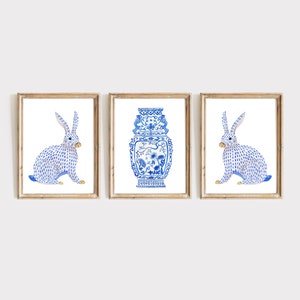 Blue and White Ginger Jar Vase Set of 3 Watercolor Rabbit Asian Art ...
