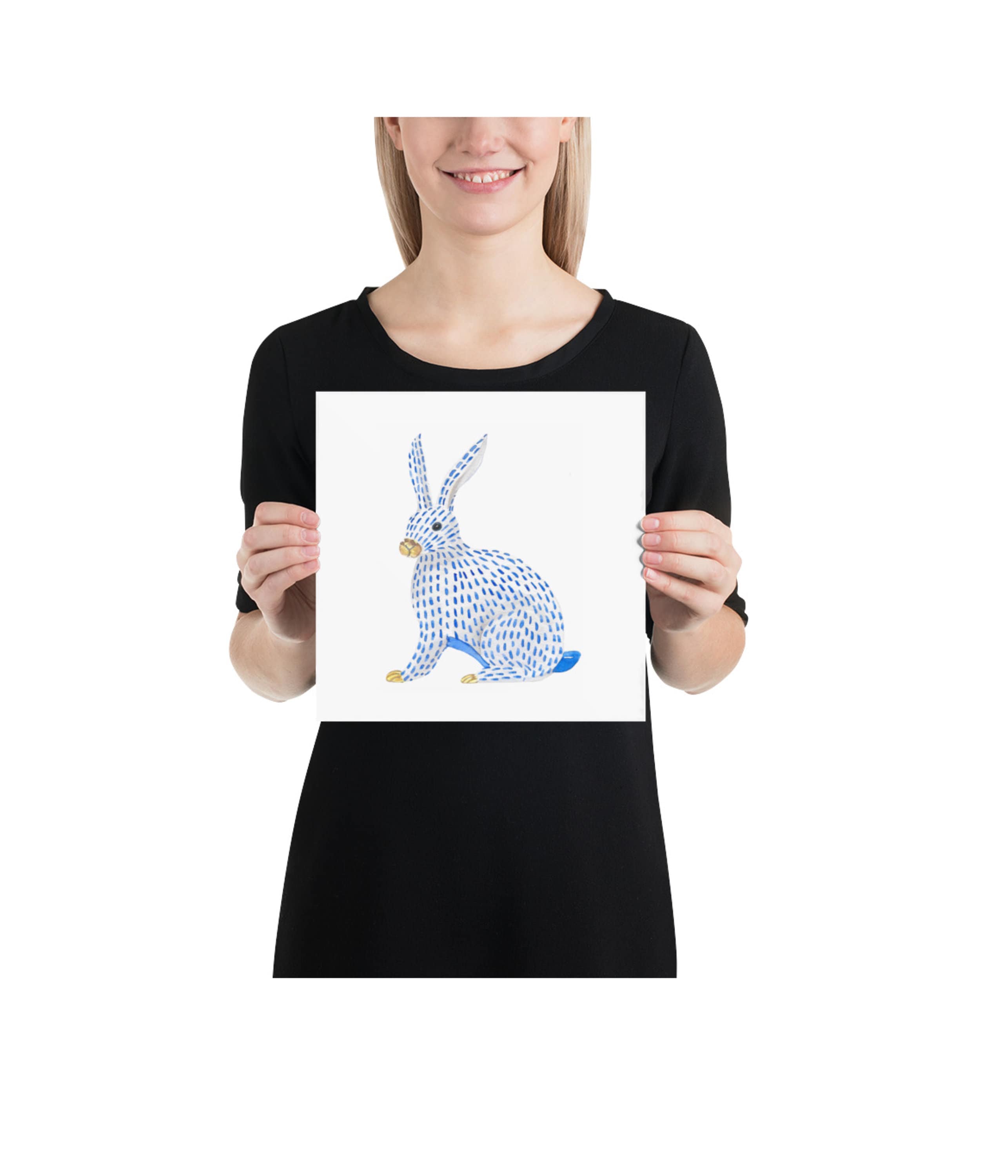 Blue White Rabbit Watercolor Painting Art Print Christmas - Etsy