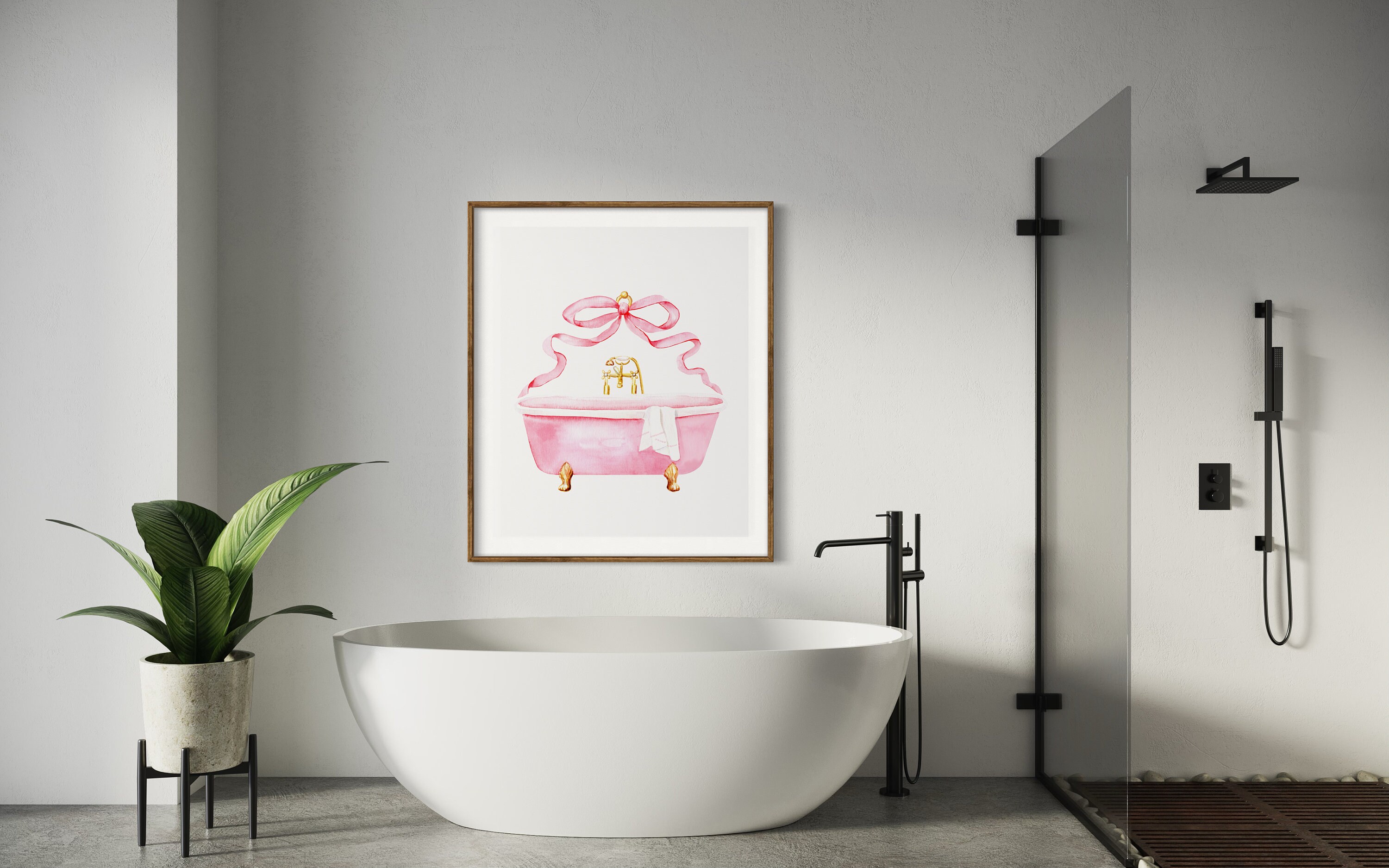 Pink Bathroom Vintage Bow Art Print, Watercolor Painting, Retro ...