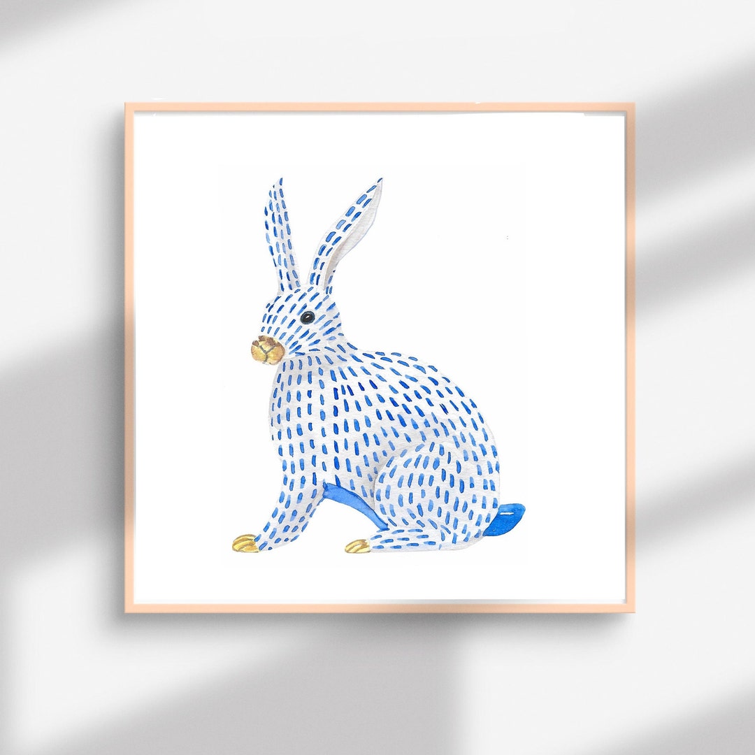 Blue White Rabbit Watercolor Painting Art Print Christmas Nursery ...