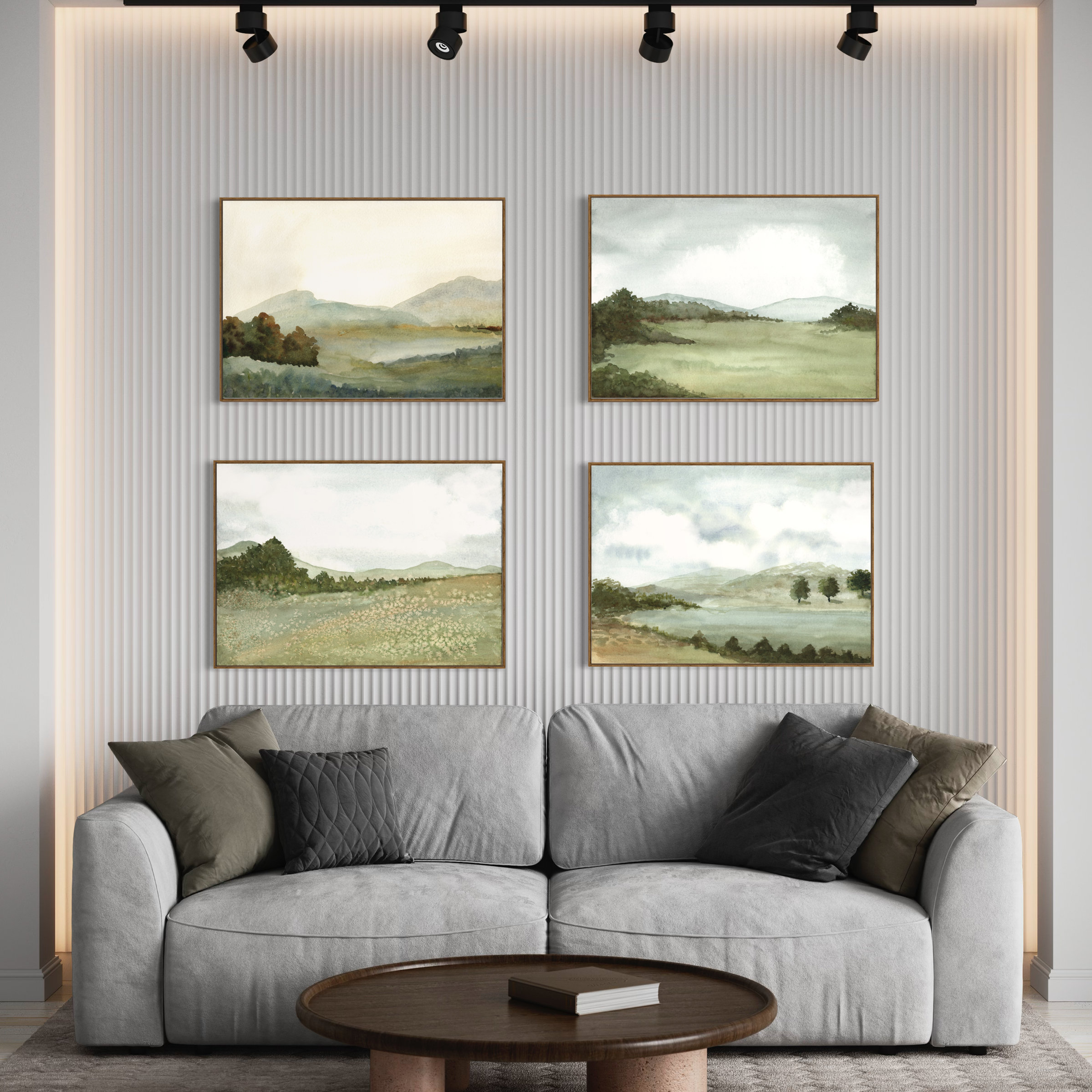 Landscape Painting Set of 4 Watercolor Art Prints, Neutral Mountain ...