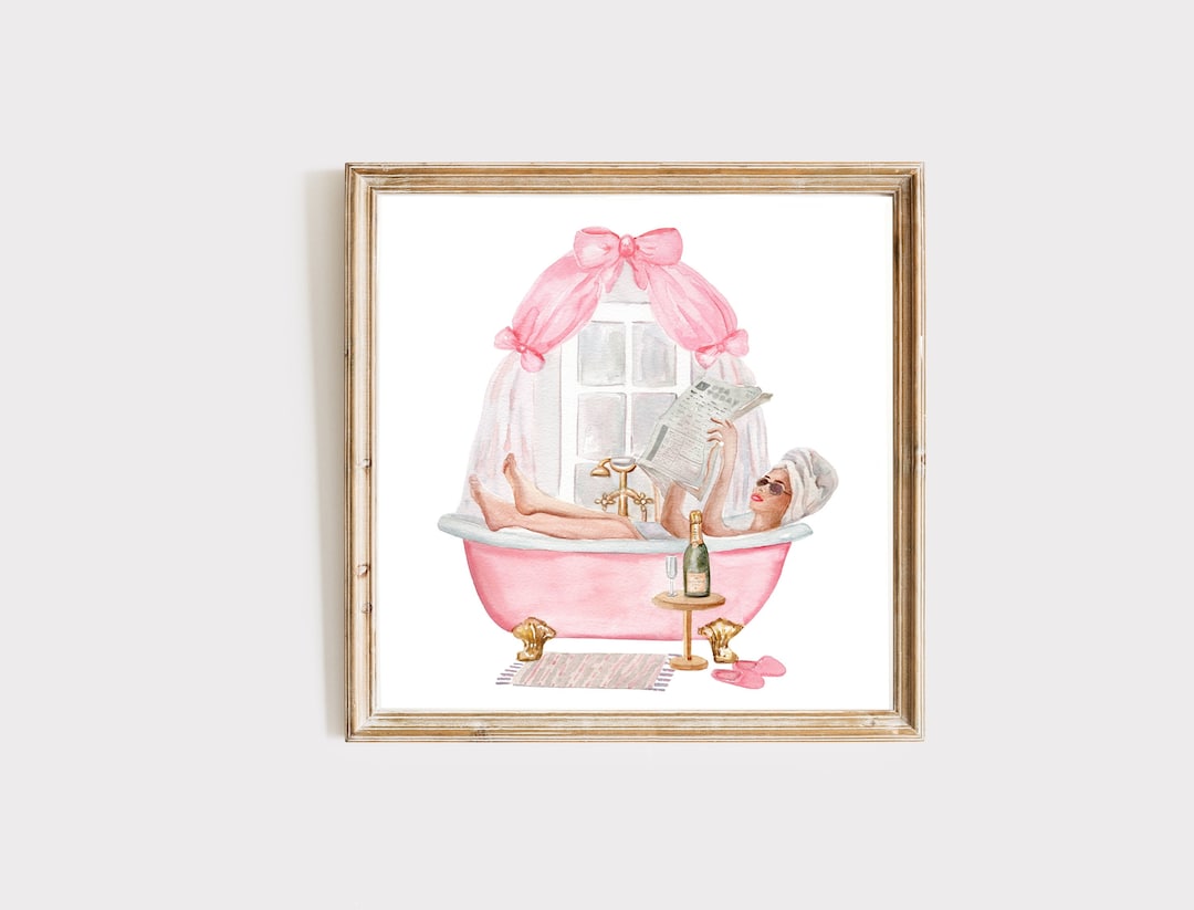 Pink Bathroom Vintage Bow Watercolor Print, Woman Drinking Art, Pink ...