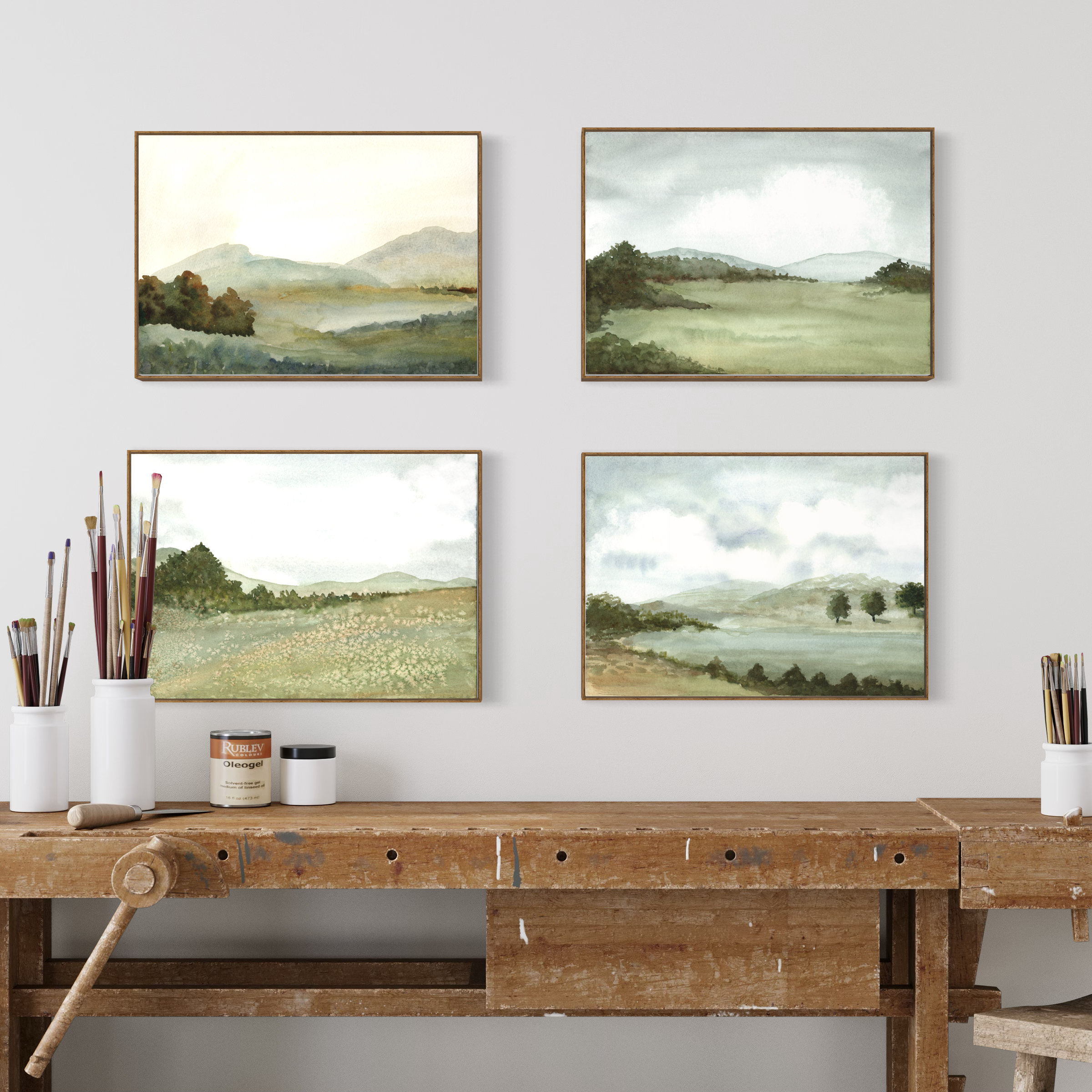 Landscape Painting Set of 4 Watercolor Art Prints, Neutral Mountain ...