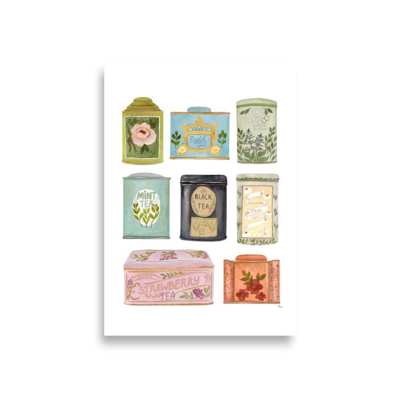Vintage Tea Tins Watercolor Illustration Print, Tea Lover Print ...