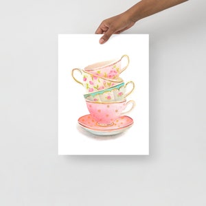 Pink Tea Cup, Watercolor Painting, Vintage Art Print, Gift for Her, Tea ...