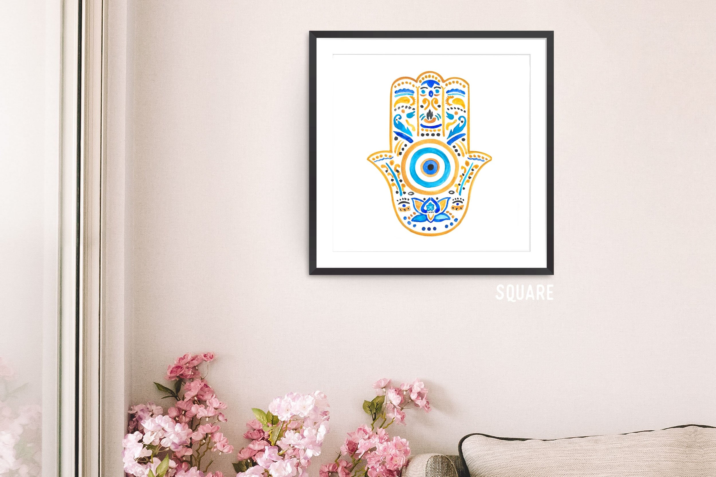Hamsa Wall Art Watercolor Art Good Luck Decor Boho Wall Print Energy ...
