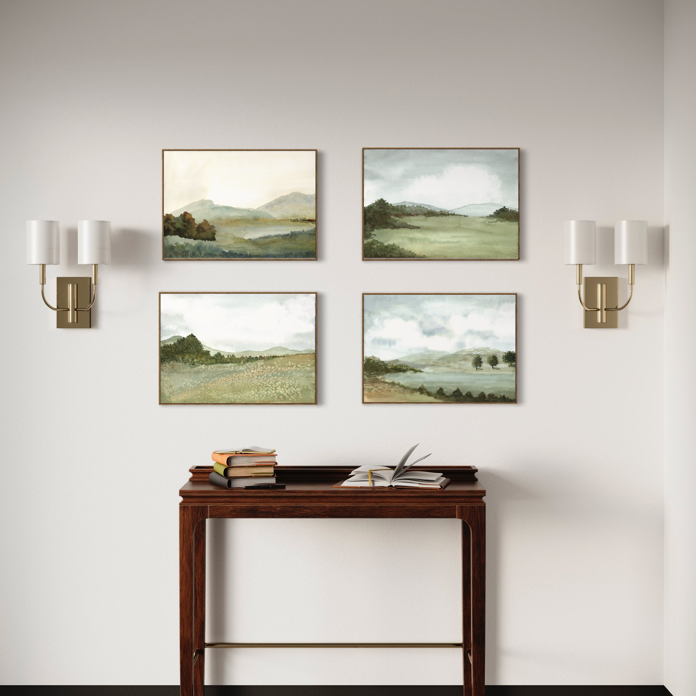 Landscape Painting Set of 4 Watercolor Art Prints, Neutral Mountain ...