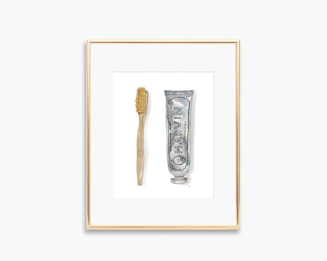 Toothbrush and Toothpaste Art Print, Watercolor Painting, Bathroom ...