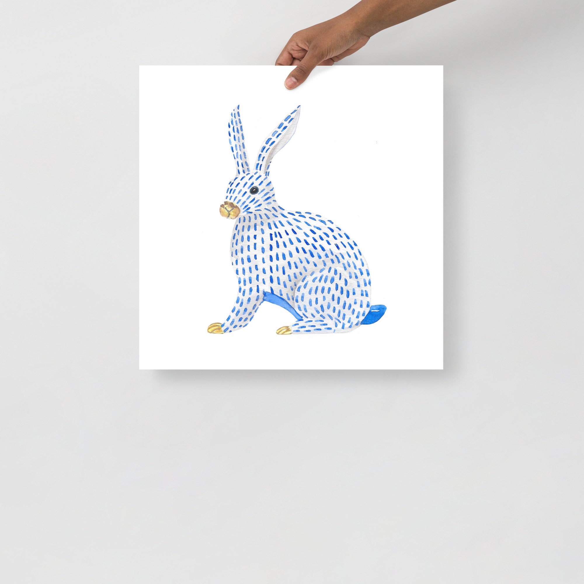 Blue White Rabbit Watercolor Painting Art Print Christmas - Etsy