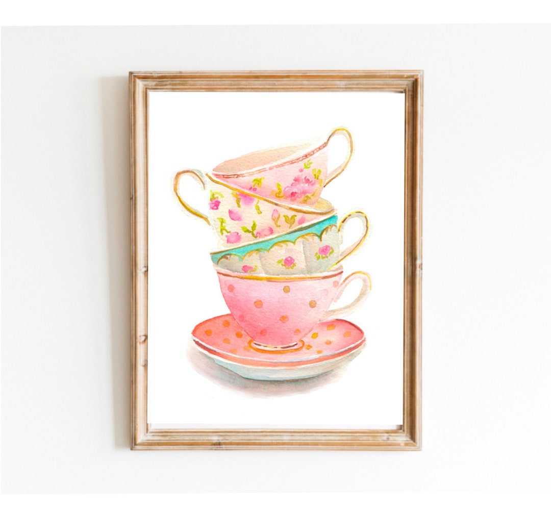 Tea Cups Watercolor Painting, Kitchen Wall Art, Tea Lover Gift, Tea ...