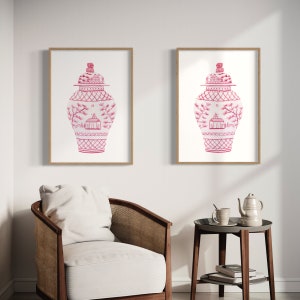 Pink Chinoiserie Set of 2 Ginger Jar, Asian Vase Print, Dressing Room ...