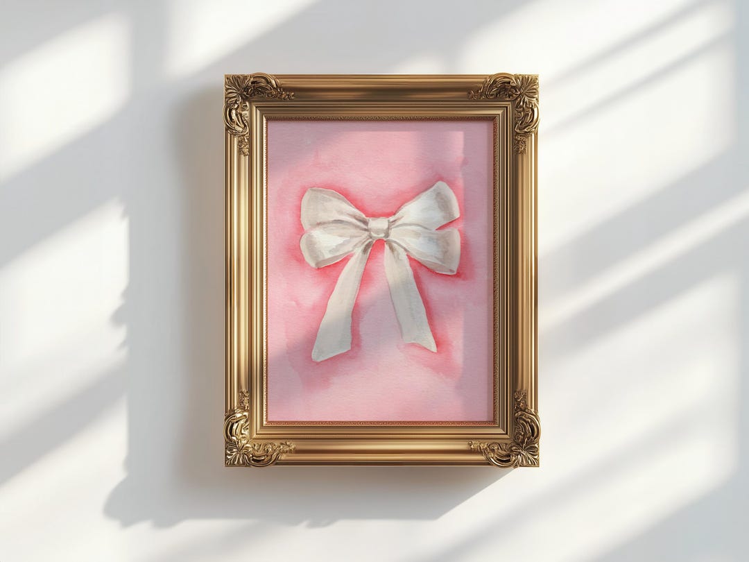 White Bow Print, Watercolor Painting, Soft Pastel Print, Muted Pink ...