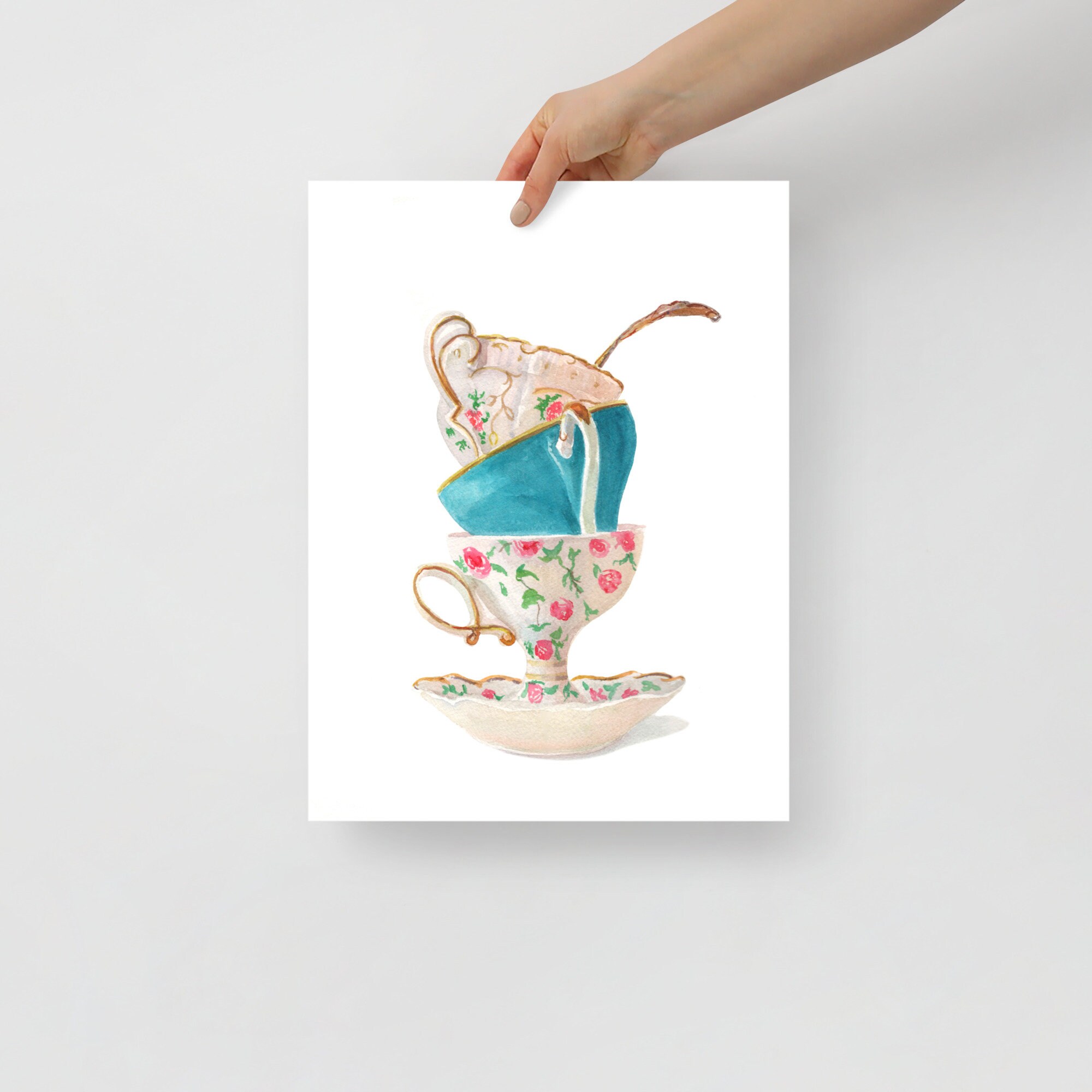 Tea Cups Watercolor Painting Print, Wall Art for Kitchen, Tea Cups Wall ...