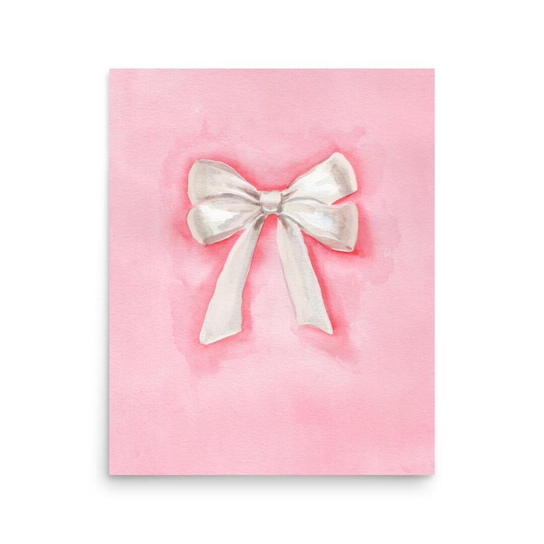 White Bow Print, Watercolor Painting, Soft Pastel Print, Muted Pink ...