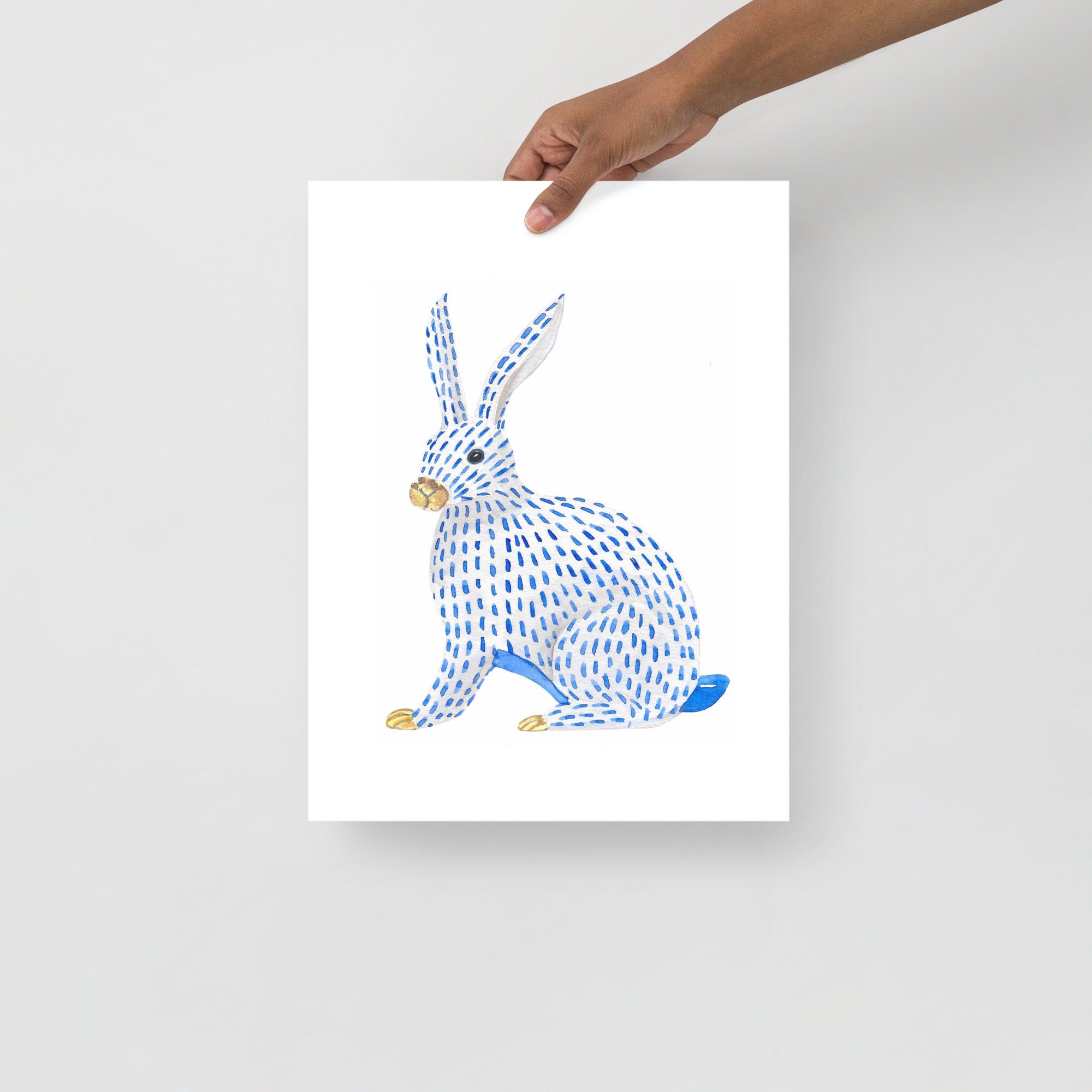 Blue White Rabbit Watercolor Painting Art Print Christmas - Etsy