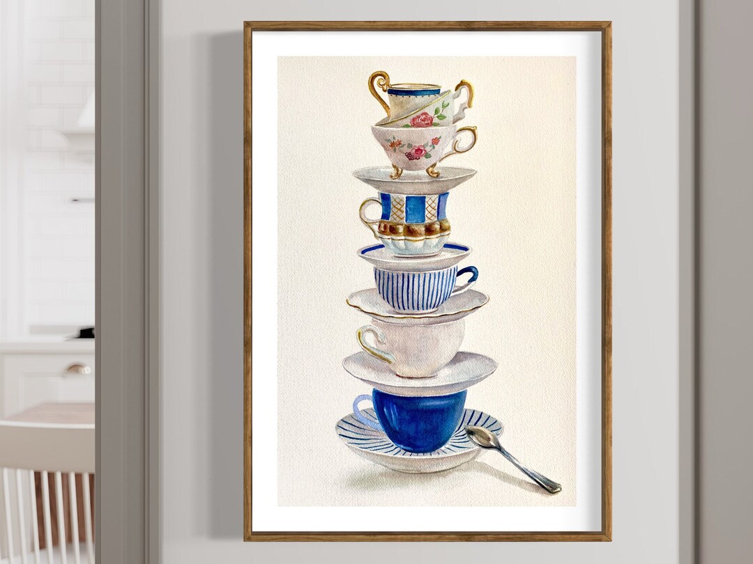 Tea Cups Original Watercolor Painting Kitchen Wall Art Tea Lover Gift ...