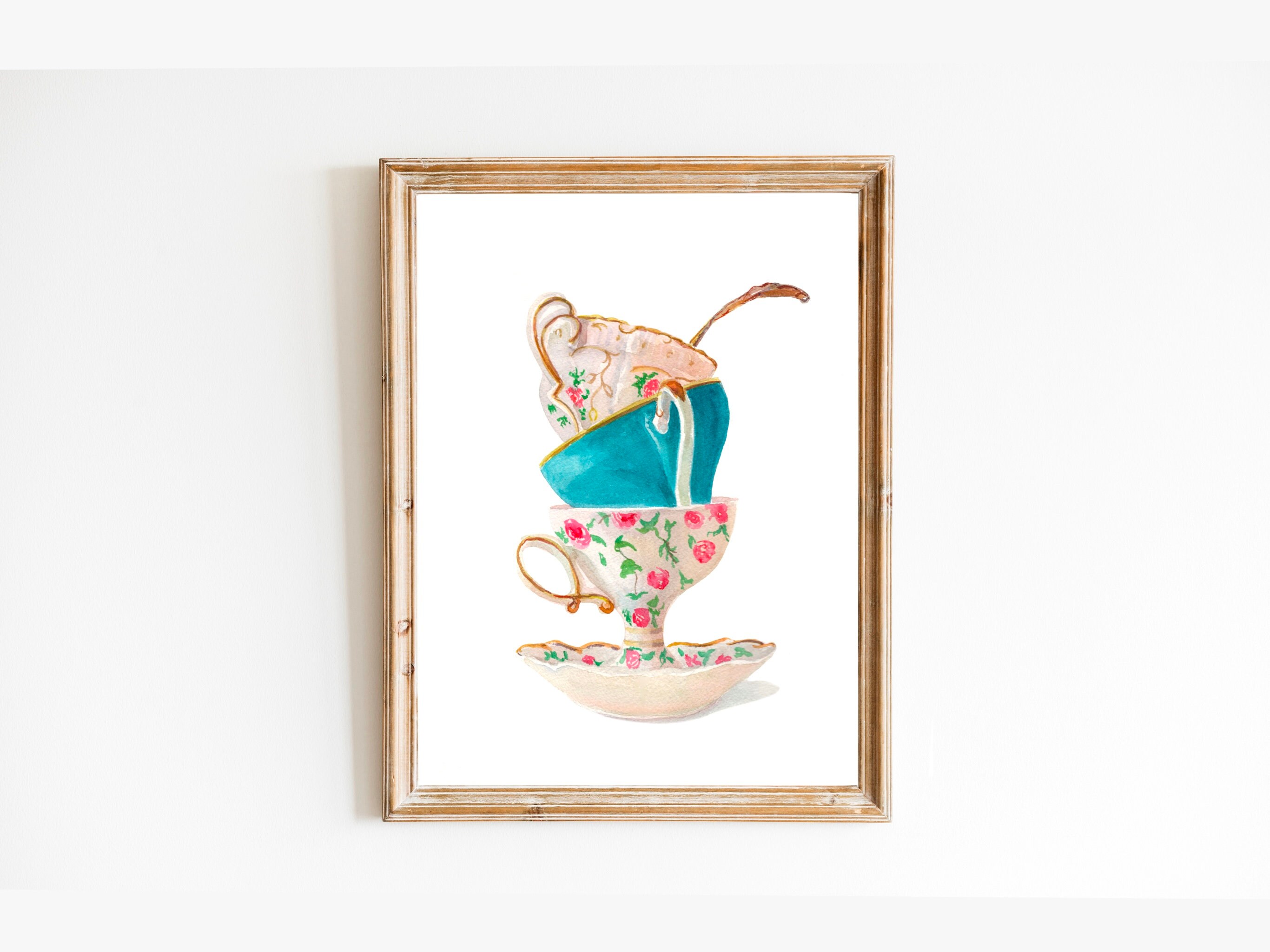 Tea Cups Watercolor Painting Print, Wall Art for Kitchen, Tea Cups Wall ...