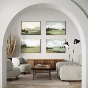 Landscape Painting Set of 4 Watercolor Art Prints, Neutral Mountain ...