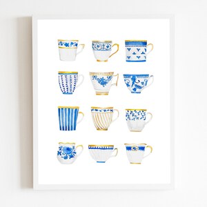 Teacups Art Print Blue and White Watercolor Painting Chinoiserie Wall ...