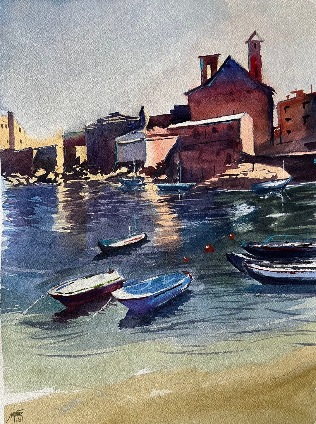 Harbor Boats Watercolor - Original Coastal Scene - Dockside Reflections ...