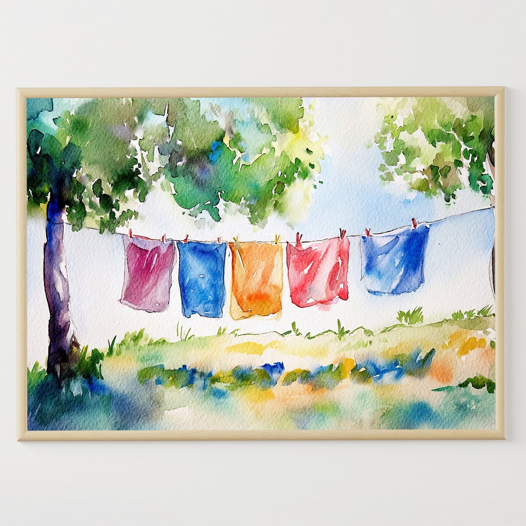 Laundry Day Watercolor Painting Summer Landscape Clothesline Poster ...