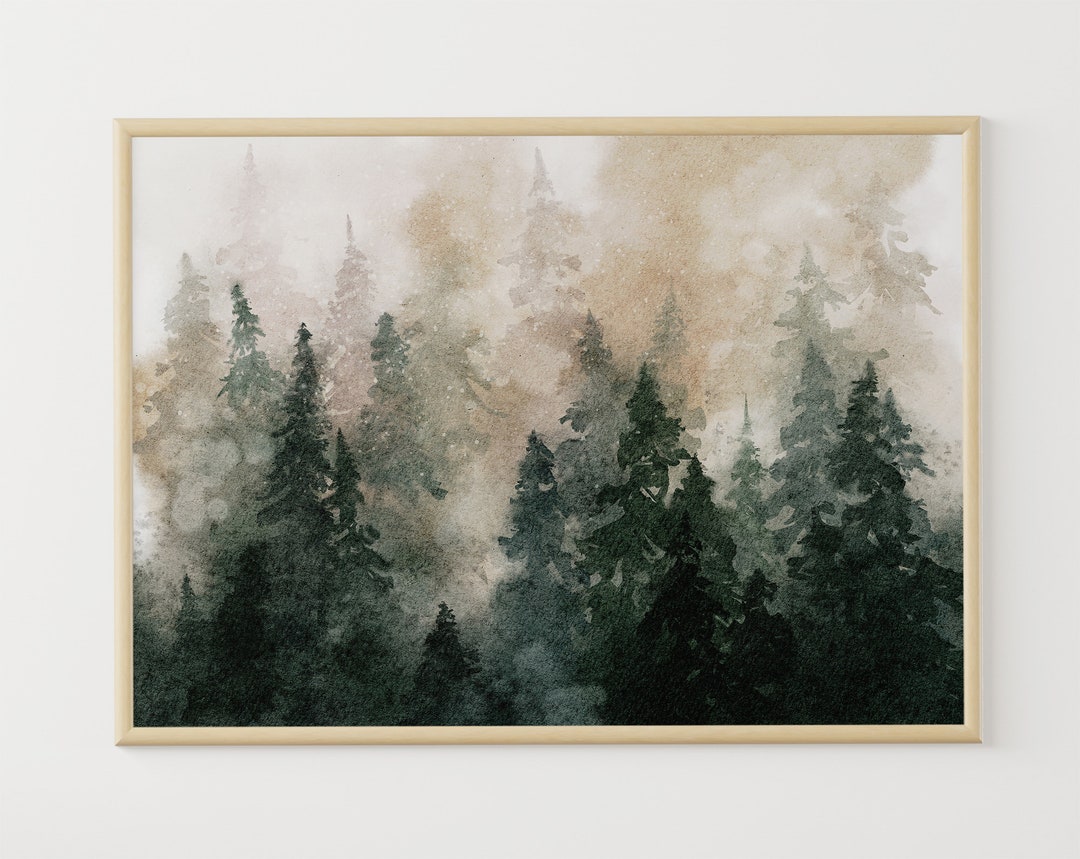 Pine Forest Watercolor Misty Forest Art Print Pine Tree Painting ...