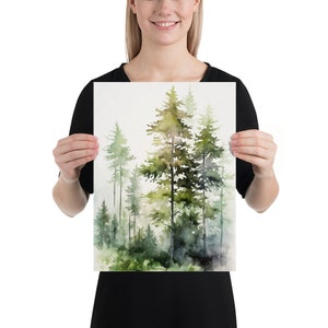 Pine Tree Watercolor Painting Vermont Landscape Foggy Forest Wall Art ...