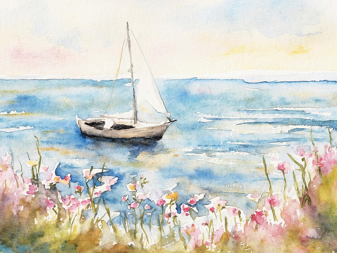 Cape Cod Coast Painting Sailboat Watercolor Print Beach Roses Artwork ...
