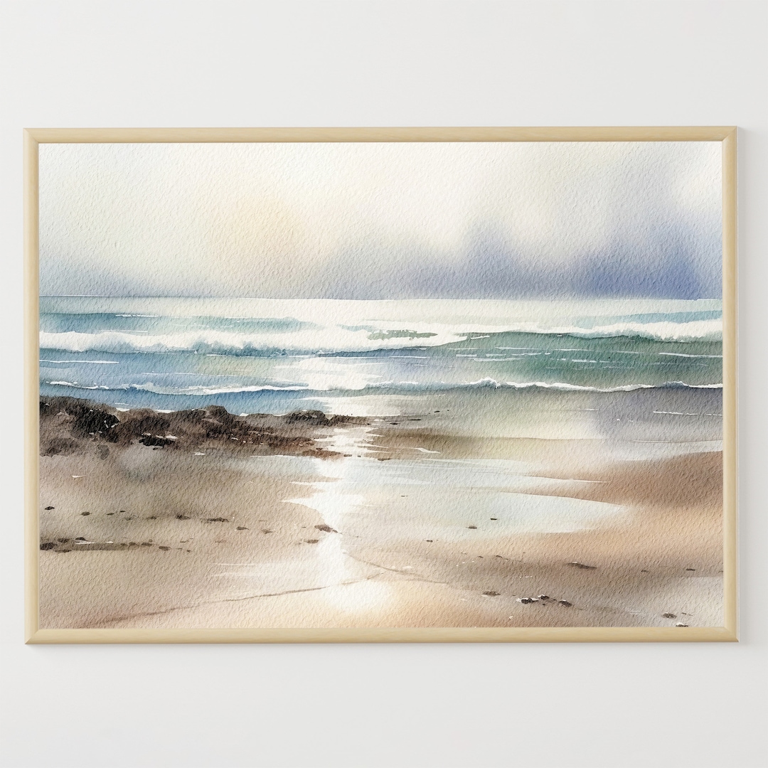 Ocean Beach Painting Seascape Watercolor Nautical Art Print Neutral ...