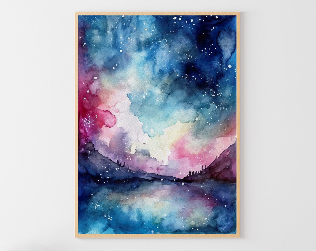 Starry Sky Watercolor Painting Night Lake Landscape Milky Way Galaxy ...