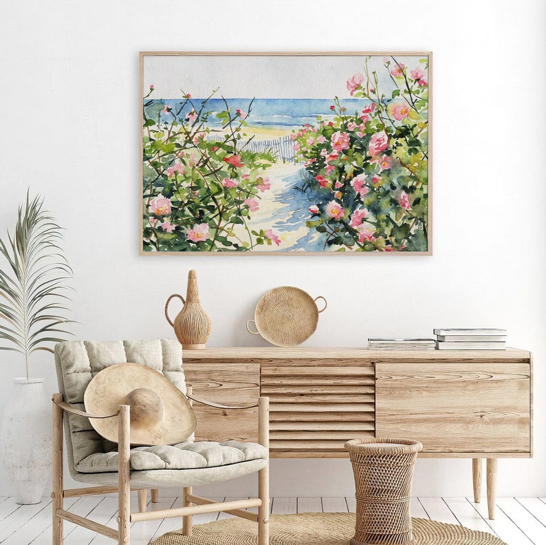 Cape Cod Watercolor Landscape Sand Dunes Painting Wild Roses Art Print ...