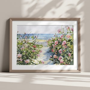 Cape Cod Watercolor Landscape Sand Dunes Painting Wild Roses Art Print ...