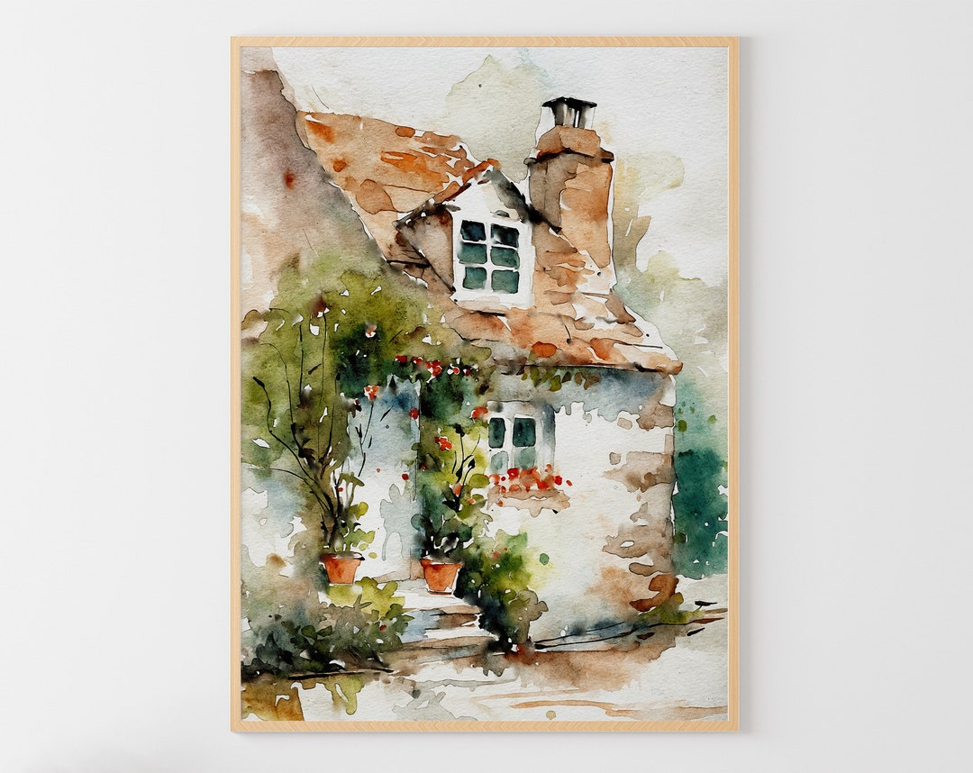 English Cottage Art Print Country House Watercolor Painting Cute Old ...