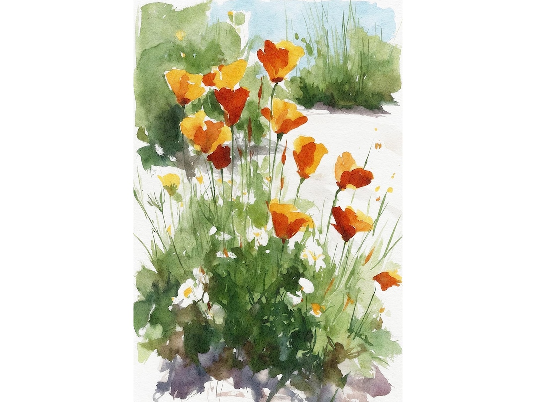 Poppy Watercolor Print Wildflowers Painting California Landscape ...