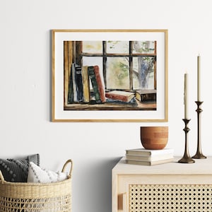 Old Books Watercolor Print Books on Windowsill Artwork Farmhouse Wall ...