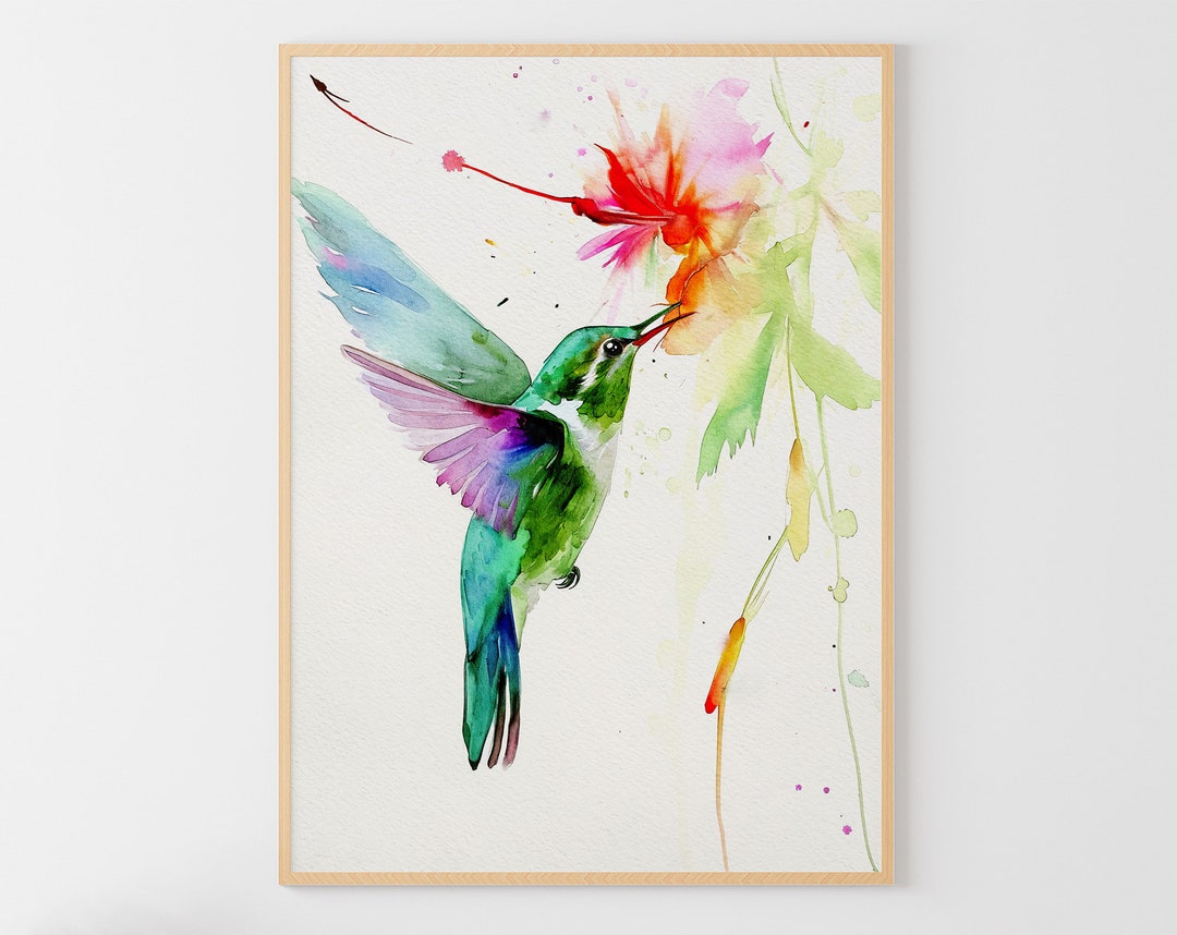 Hummingbird Watercolor Poster Tropical Bird Painting Flowers Art Print ...