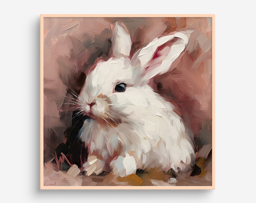 Baby Rabbit Oil Painting White Rabbit Artwork Animal Wall Art White ...